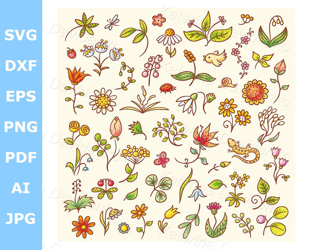 Set of Cartoon Floral Design Elements Flowers Clipart Plants - Etsy