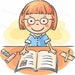 Cartoon Little Girl Reading a Book at the Table, Happy Child Doing ...
