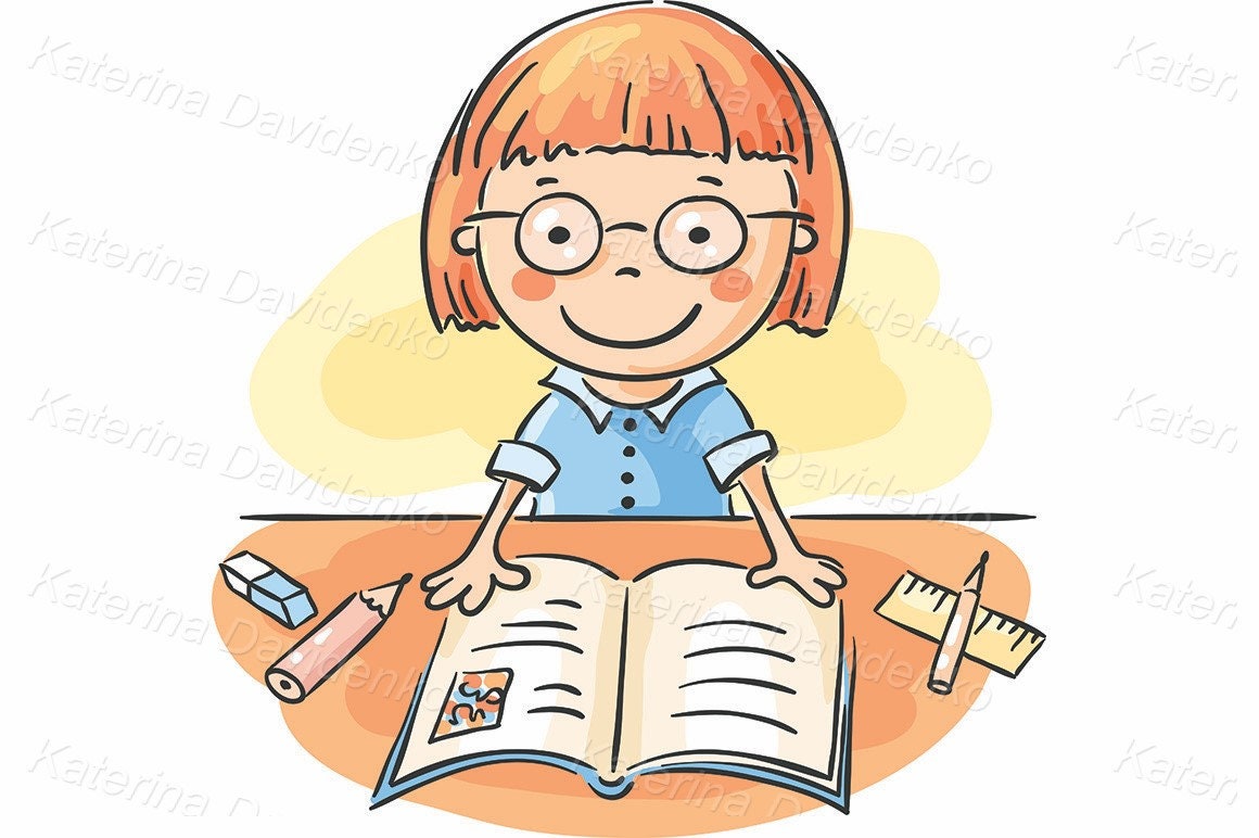 Cartoon Little Girl Reading a Book at the Table. Digital Download Hand ...