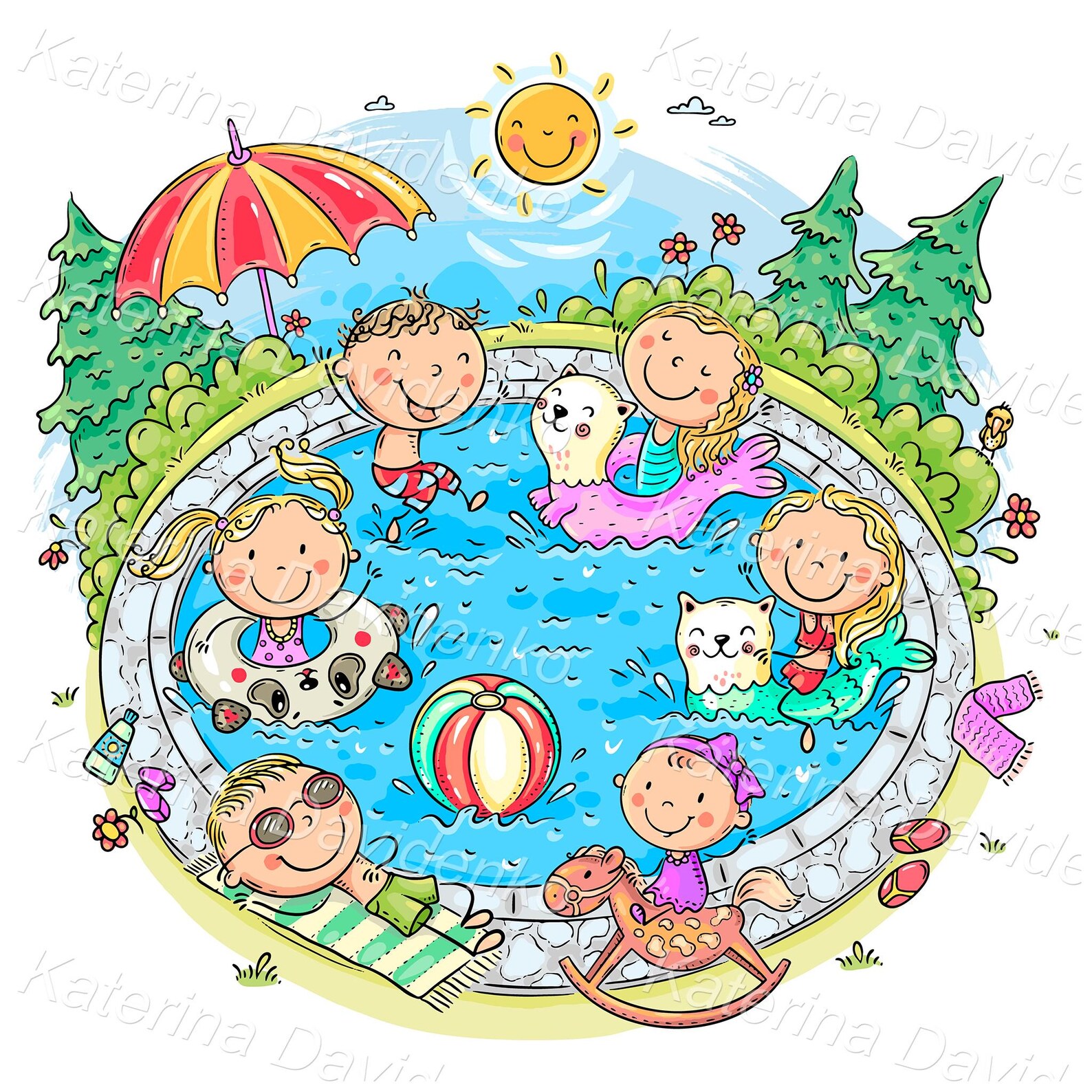 Kids Pool Party Clipart, Cute Summer Swimming Cartoon Vector ...