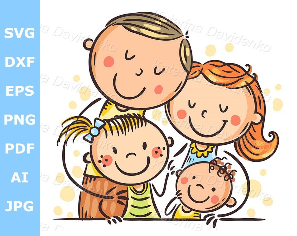 Cartoon Doodle Parents Hugging Kids, Mother and Father Embrace Their ...
