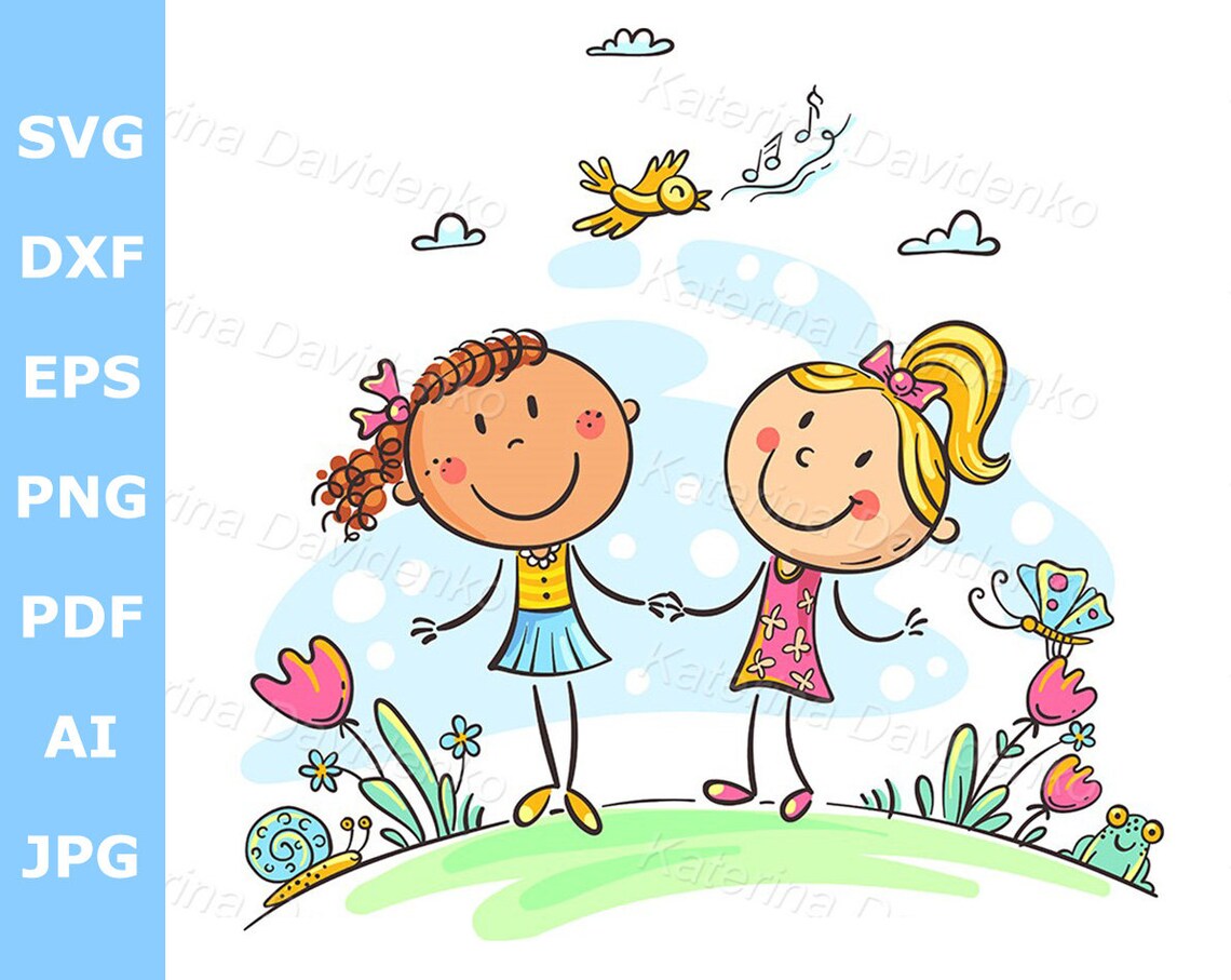 Happy Cartoon Girls on a Summer Day Stick Figure Pdf Svg Png | Etsy