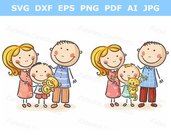 Cartoon Family Clipart Happy Family With Two Children and a - Etsy
