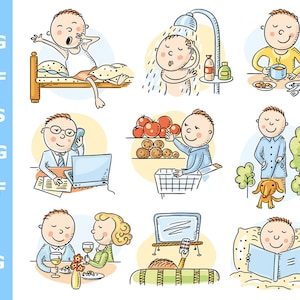 Daily Routine Clipart. Cartoon Man Daily Activities Clipart. Set of 9 ...