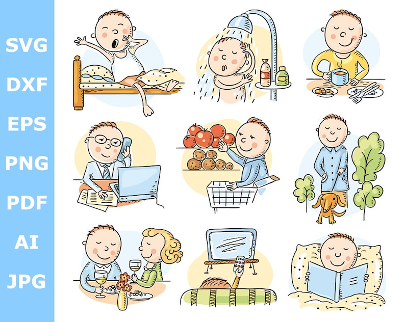 Daily Routine Clipart Set. Man Daily Activities Illustration. Perfect ...