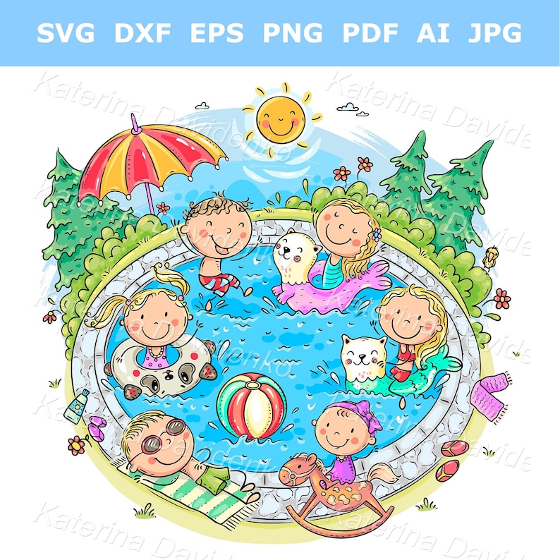 Kids Pool Party Clipart, Cute Summer Swimming Cartoon Vector ...
