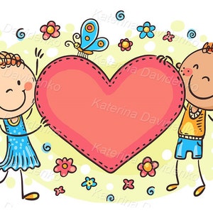 Valentine's Day Clipart - Doodle Cartoon Kids Holding Heart With a ...