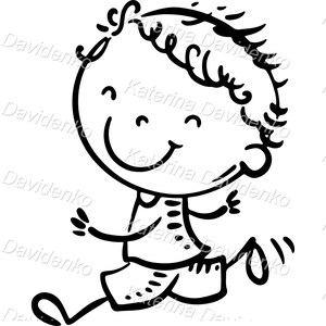 Outline Happy Cartoon Kids Running Together. Black and White Cute ...