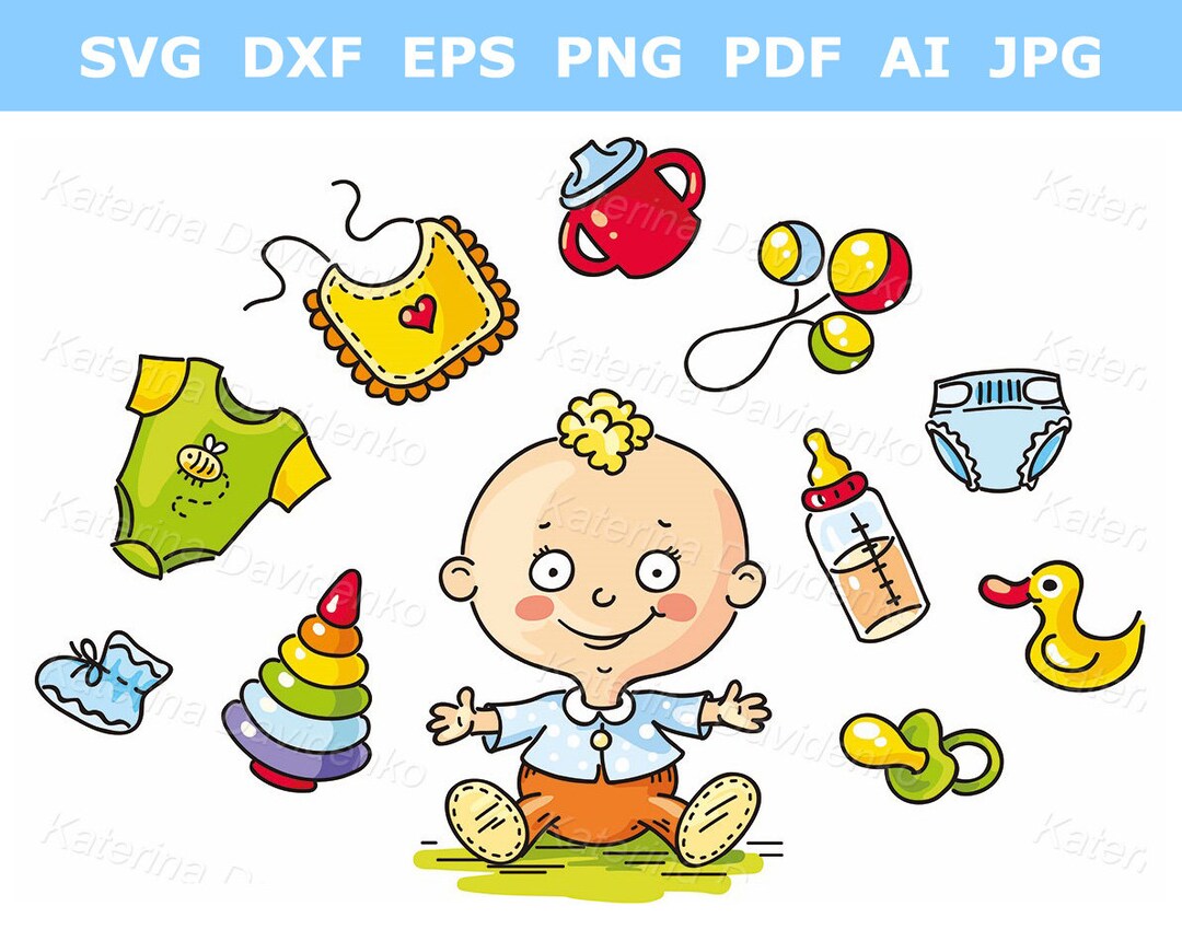 Cartoon Baby Clipart Set. Newborn With a Lot of Baby Things. Digital ...