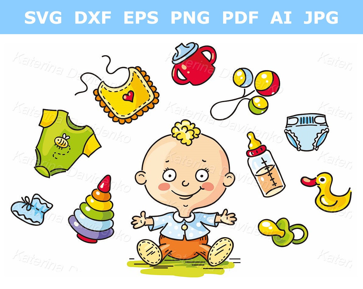 Cartoon Baby Clipart Set. Newborn With a Lot of Baby Things. Digital ...