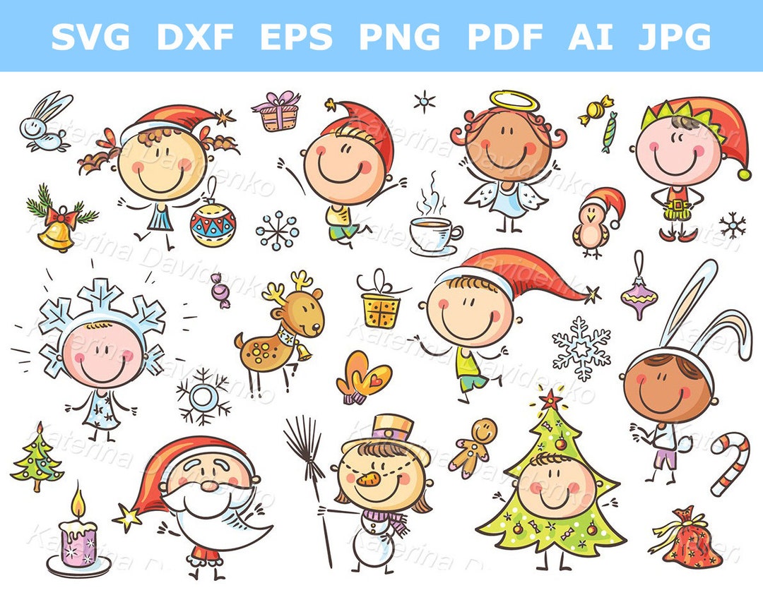 Christmas Clipart Set of Cartoon Kids in Santa Hats. Christmas Design ...