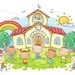 Happy Cartoon Children Playing in Front of School Building, Back to ...