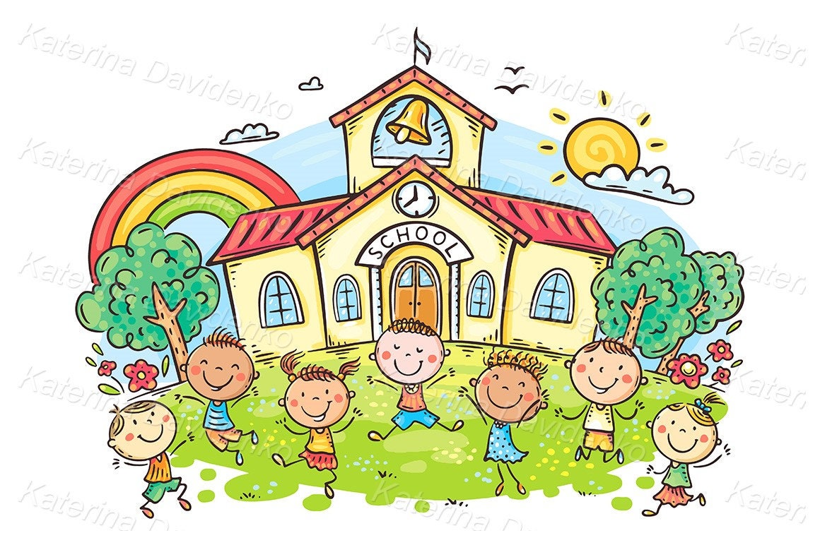 Happy Cartoon Children Playing in Front of School Building - Etsy Australia