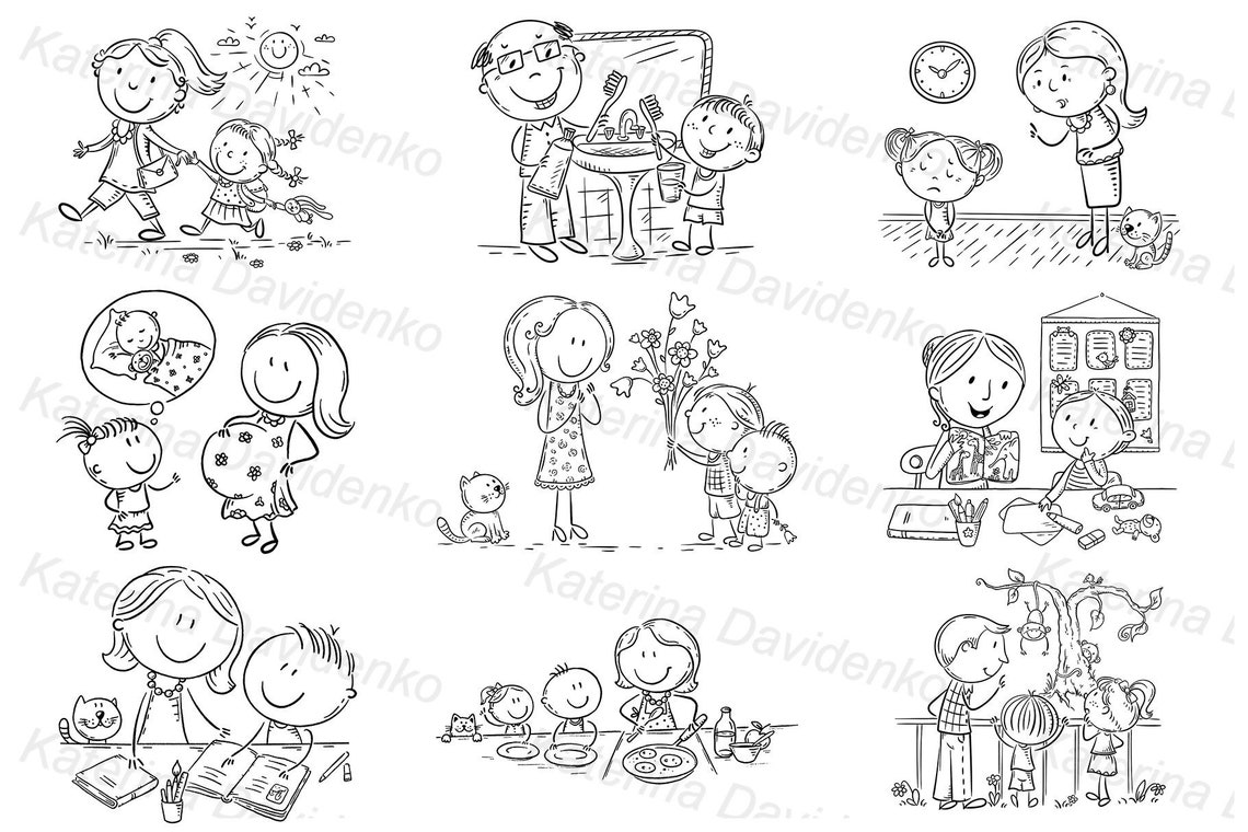 Cartoon Doodle Family Clip Art Bundle Family Life Scenes - Etsy