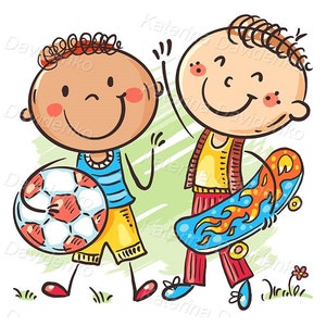Cartoon Kids Clipart. Doodle Boys With Skateboard and Soccer Ball ...