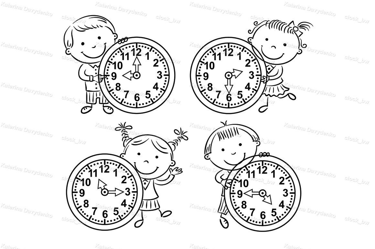 Cartoon Kids Telling Time Clipart Set. Children and Clock Clipart ...