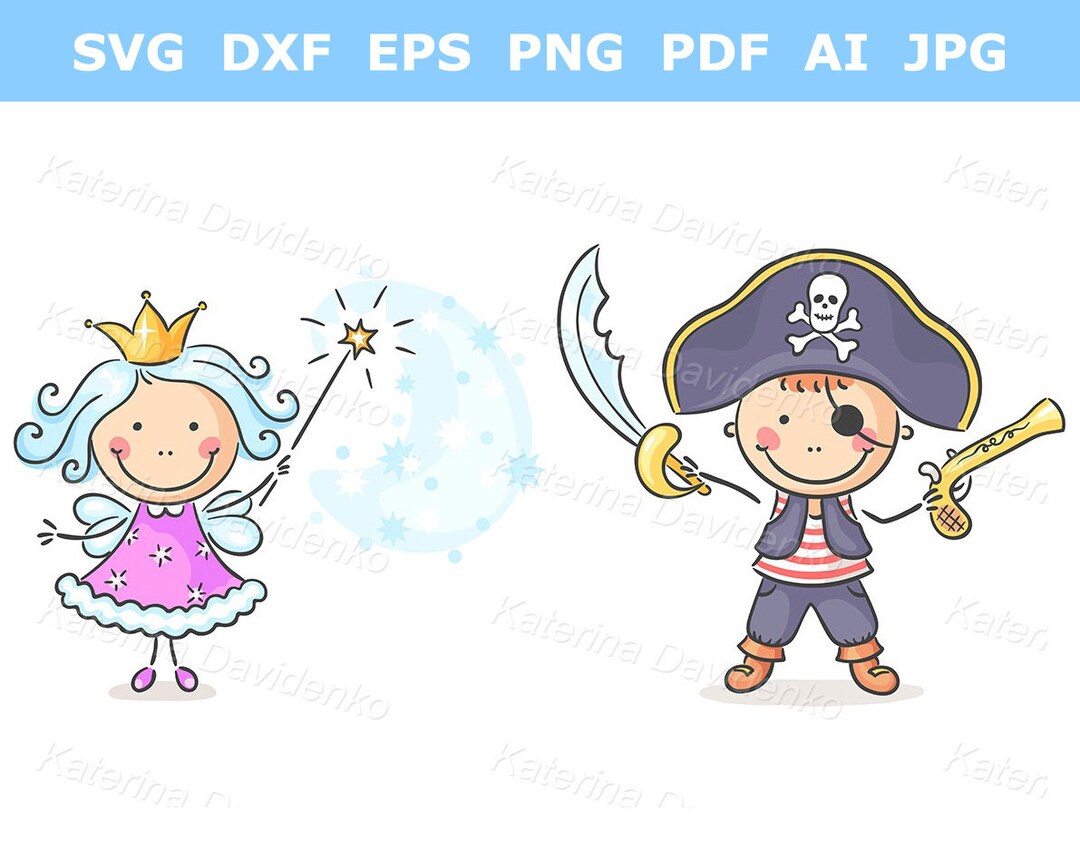 Cartoon Kids Dressed as a Pirate and a Fairy Princess. Doodle Kids ...