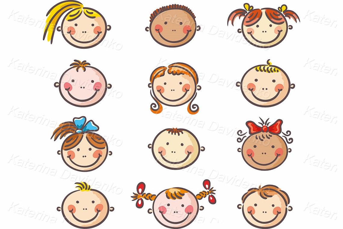 Set of Happy Cartoon Kids Faces Clipart. Hand Drawn Vector Illustration ...