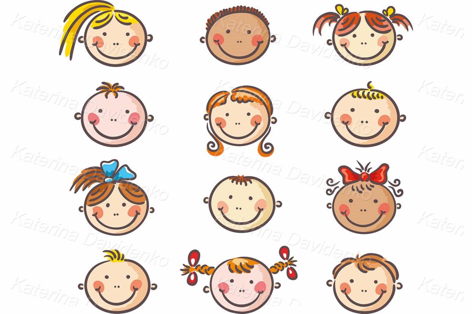 Set of Happy Cartoon Kids Faces Clipart. Hand Drawn Vector Illustration ...