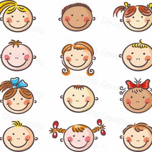 Set of Happy Cartoon Kids Faces Clipart. Hand Drawn Vector Illustration ...