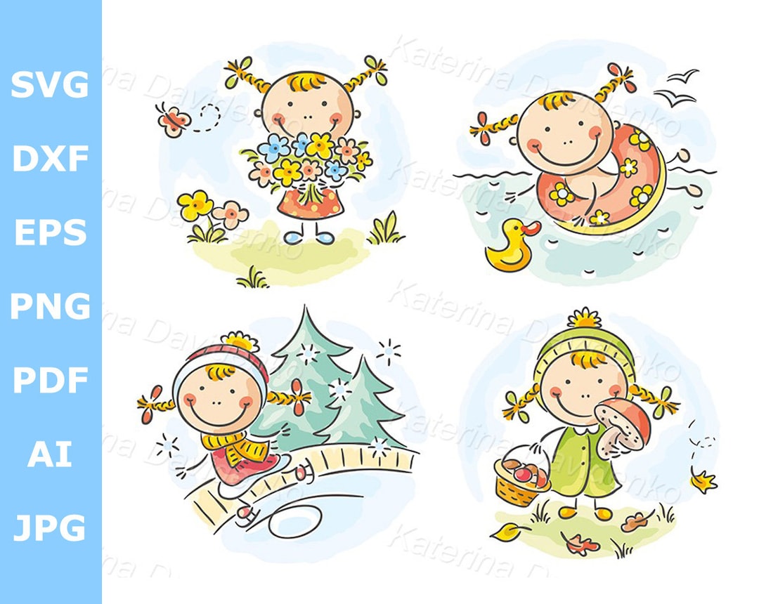 Season Weather Clipart. Cartoon Doodle Girl Activities During the Four ...