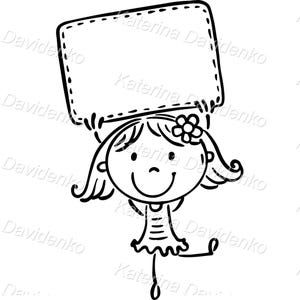Outline Clipart Set of Cartoon Happy Kids Holding Blank Signs, Banners ...