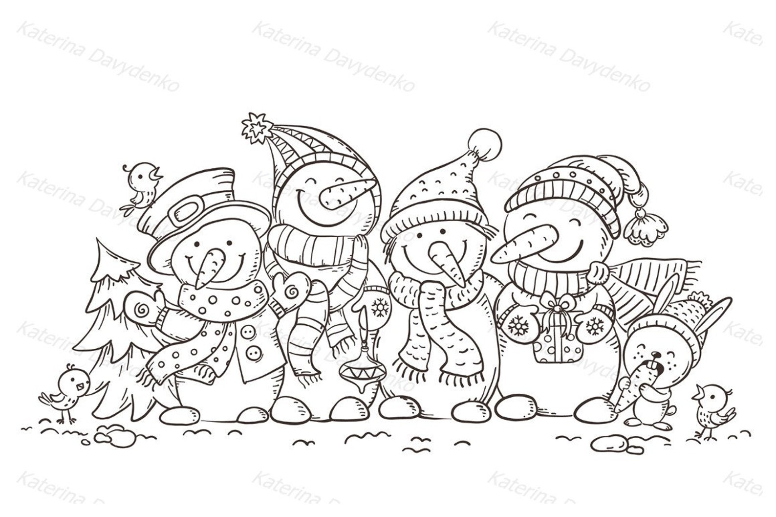 Happy Cartoon Snowmen Clipart Christmas Greeting Card Image - Etsy