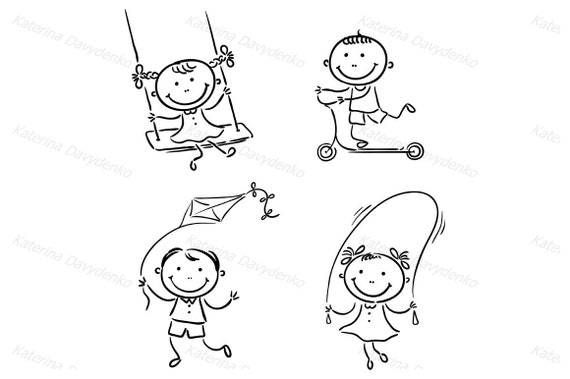 Kids Playing Outside Clip Art Black And White