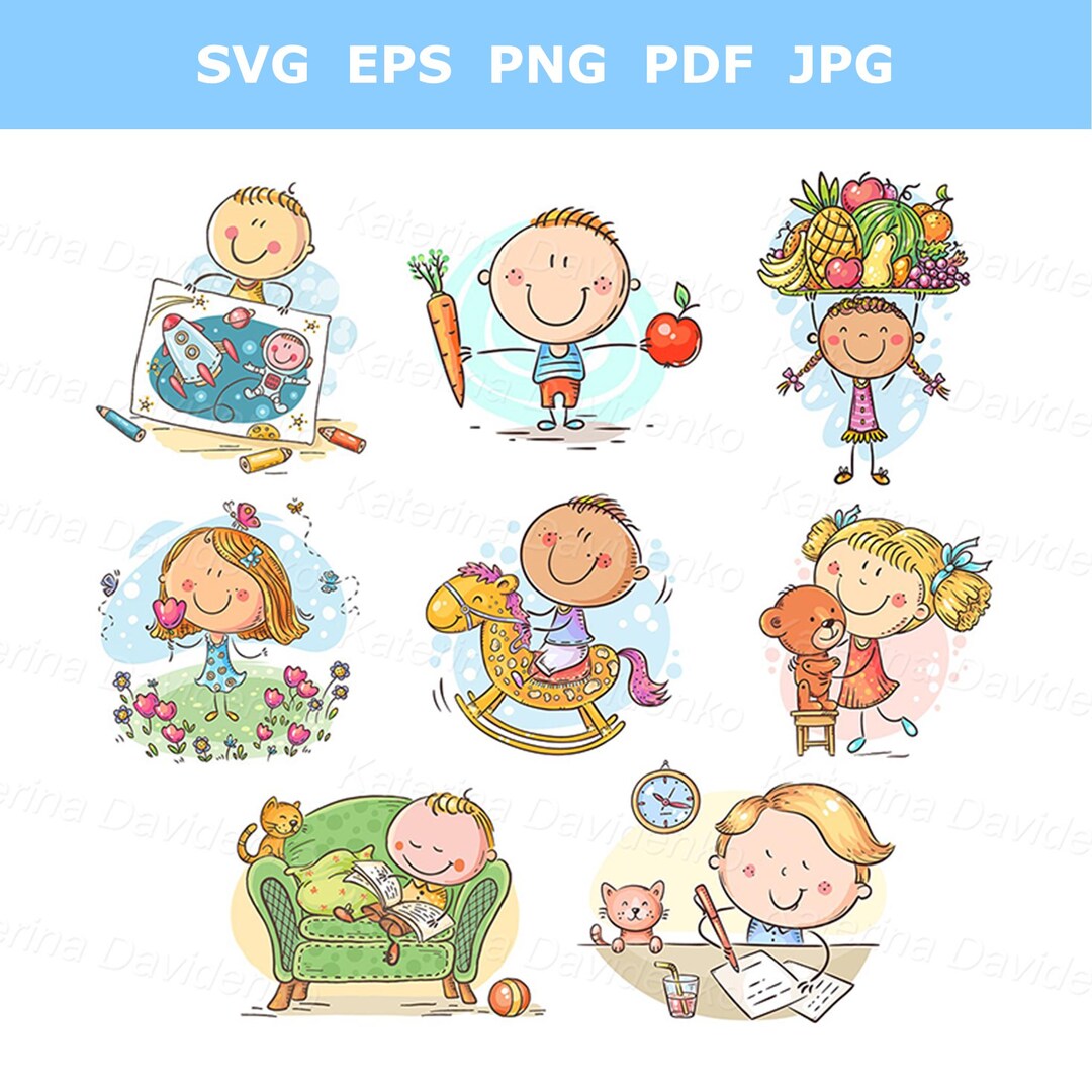Set of Children Clipart. Doodle Kids Playing With Toys. Cartoon Kids ...