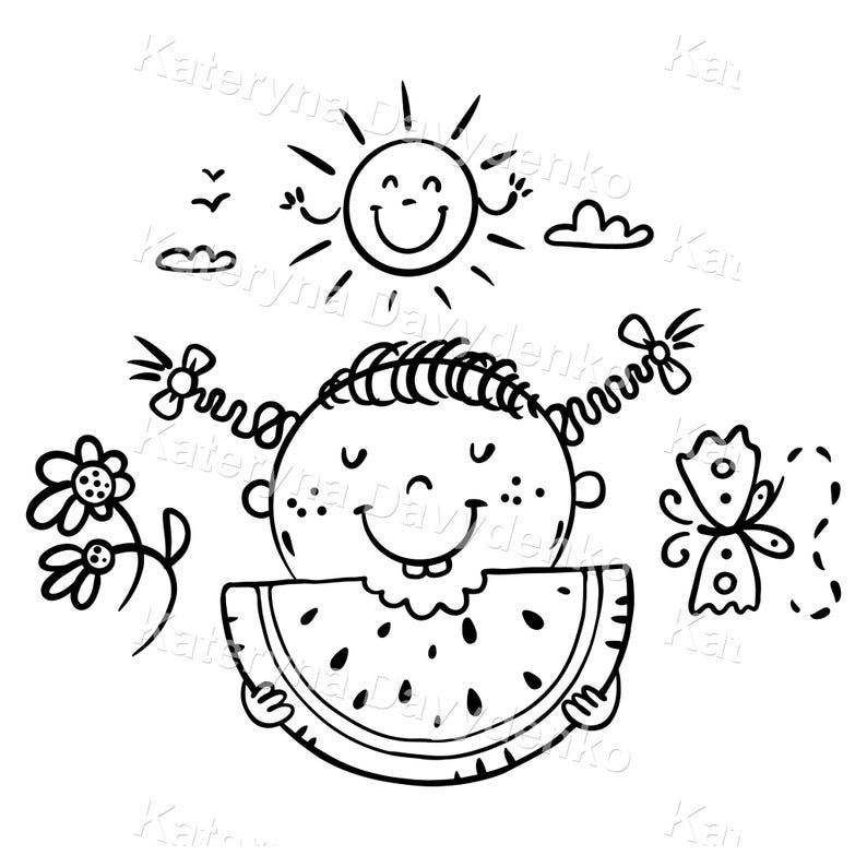 Cute Cartoon Little Girl Eating Watermelon. Summer Season Clipart ...