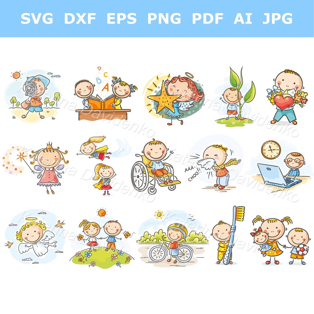 Doodle Cartoon Kids Clipart Set. Hand Drawn Children Clip Art, Cute ...