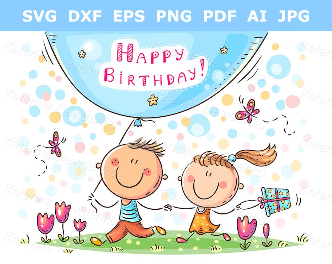 Happy Birthday Clipart. Cartoon Kids Clipart. Greeting Card. Doodle ...
