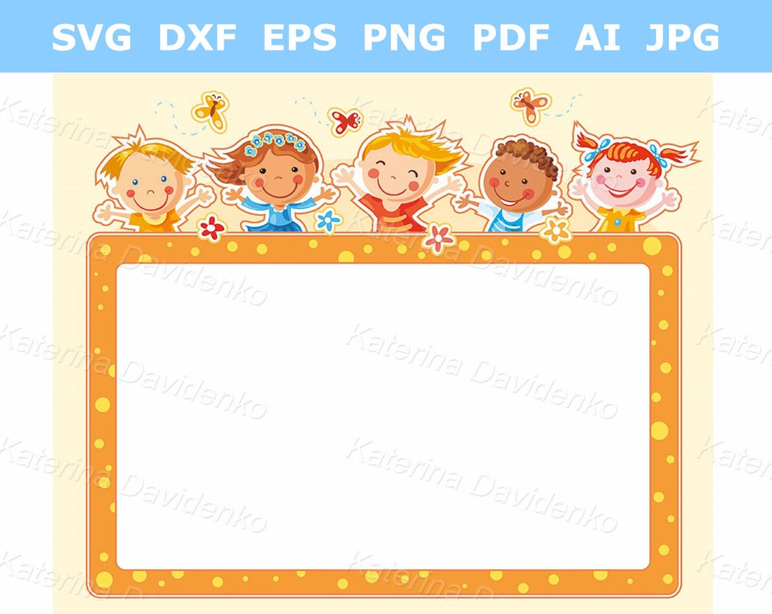 Happy Cartoon Kids With Frame. Hand Drawn Vector Illustration, Digital ...