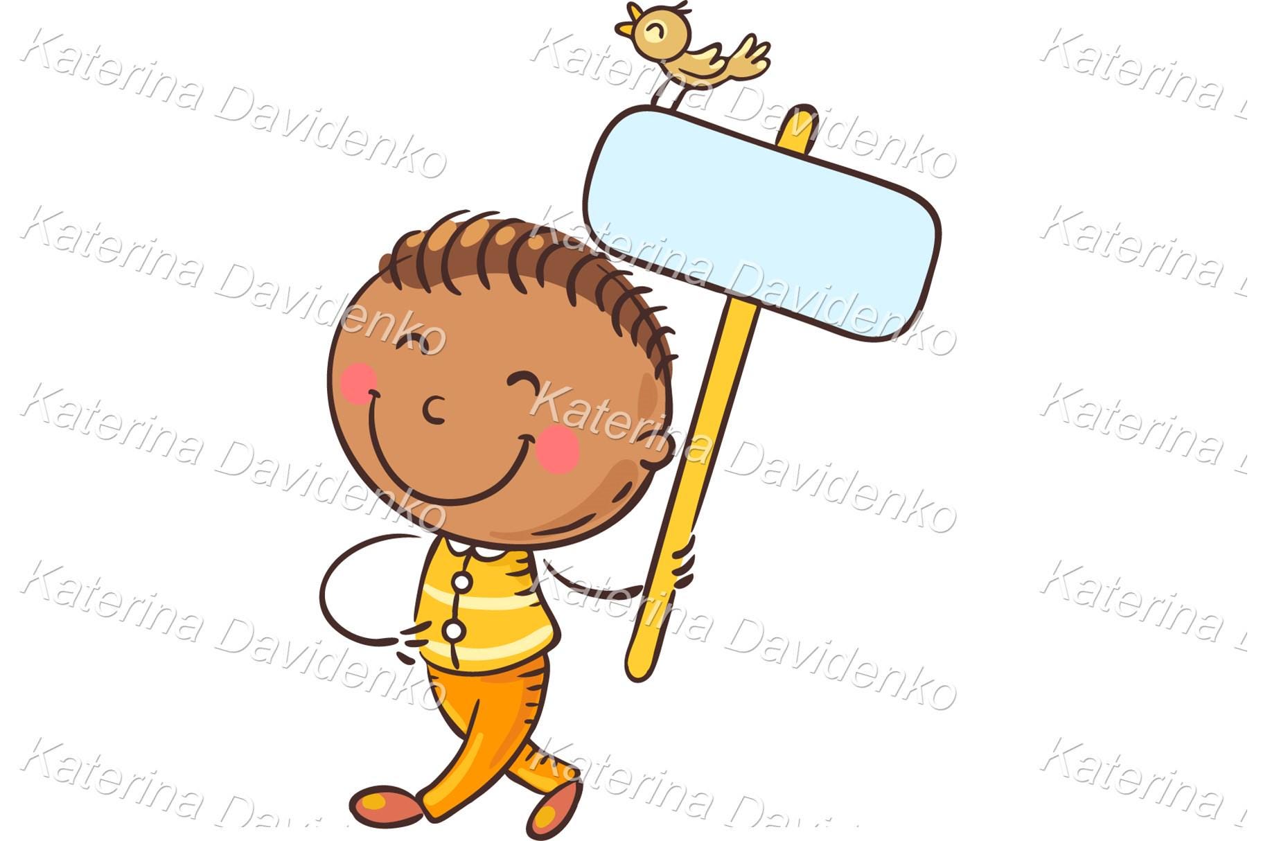 Cartoon Kids Holding Blank Signs, Isolated Doodle Kids Clipart Set ...
