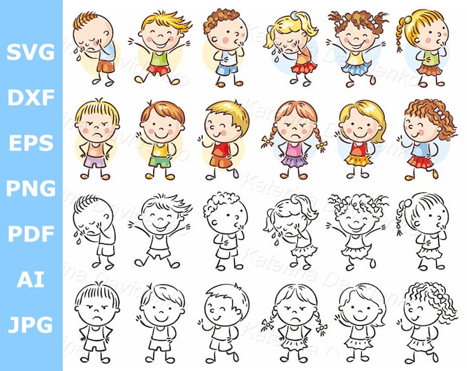 Kids Emotions PNG Clipart Set. Cartoon Little Girl With Different ...