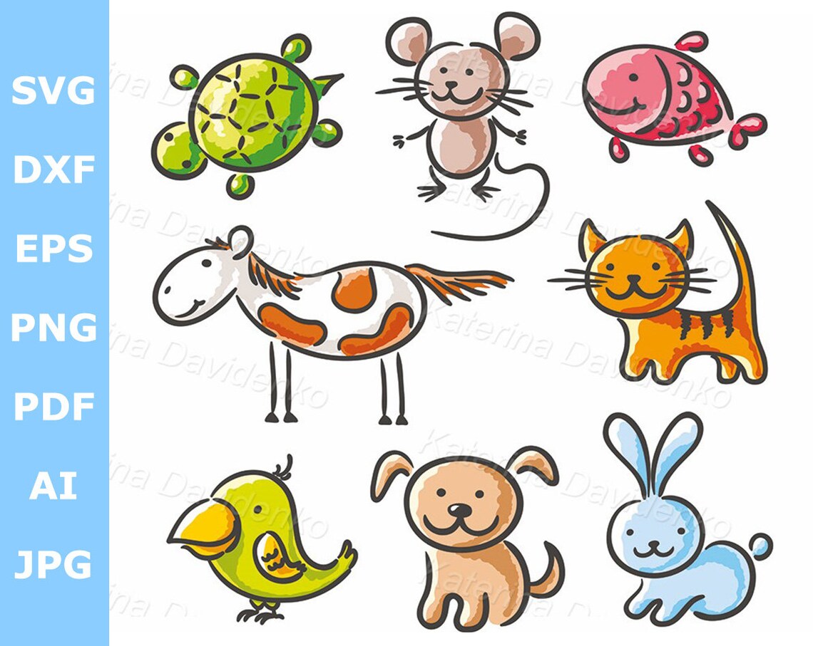 Set of Sketchy Cartoon Pets Clipart Vector Illustration. - Etsy