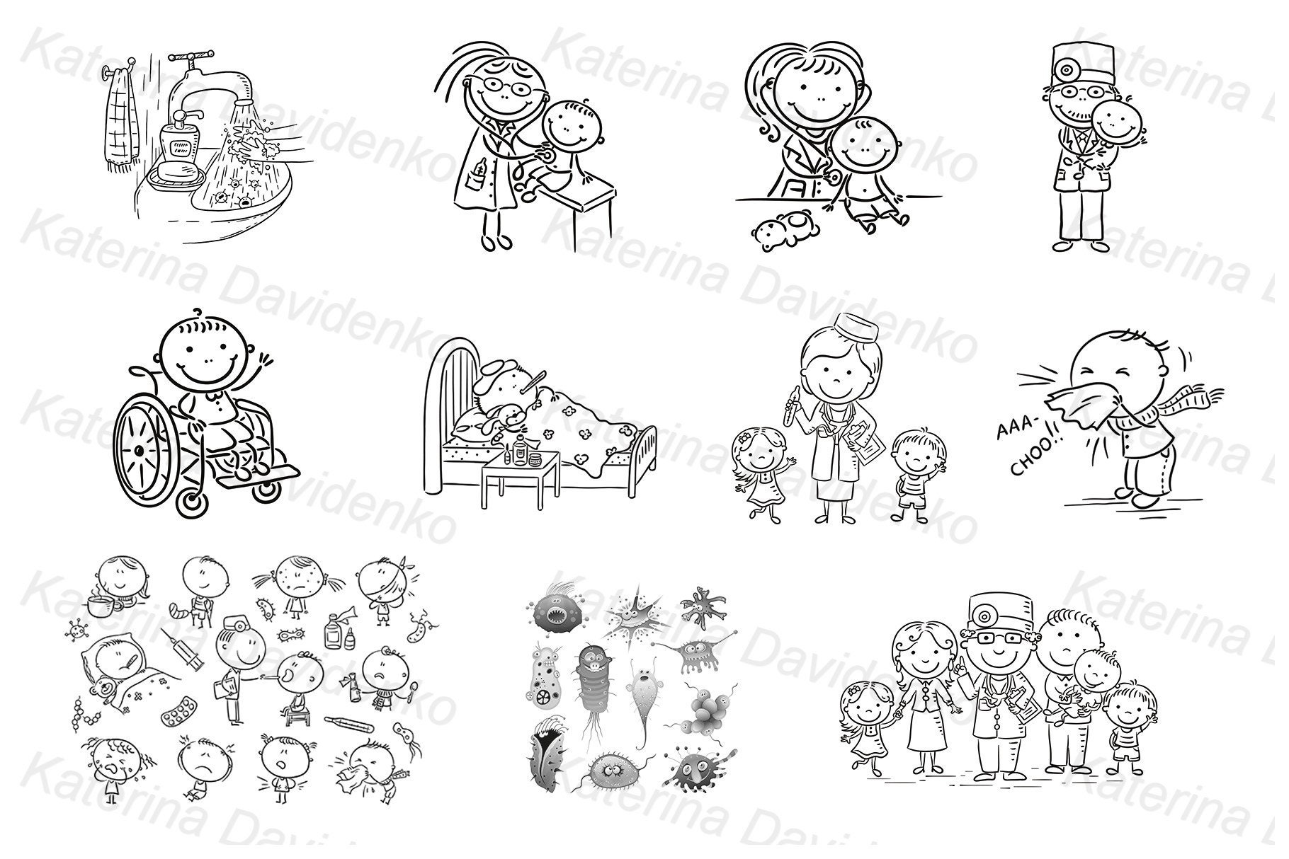 Kids Healthcare Clipart Bundle. Doodle Kids and Doctors, Cartoon Vector ...