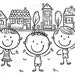 Happy Cartoon Kids Standing on a Background of the Cityscape. Doodle ...