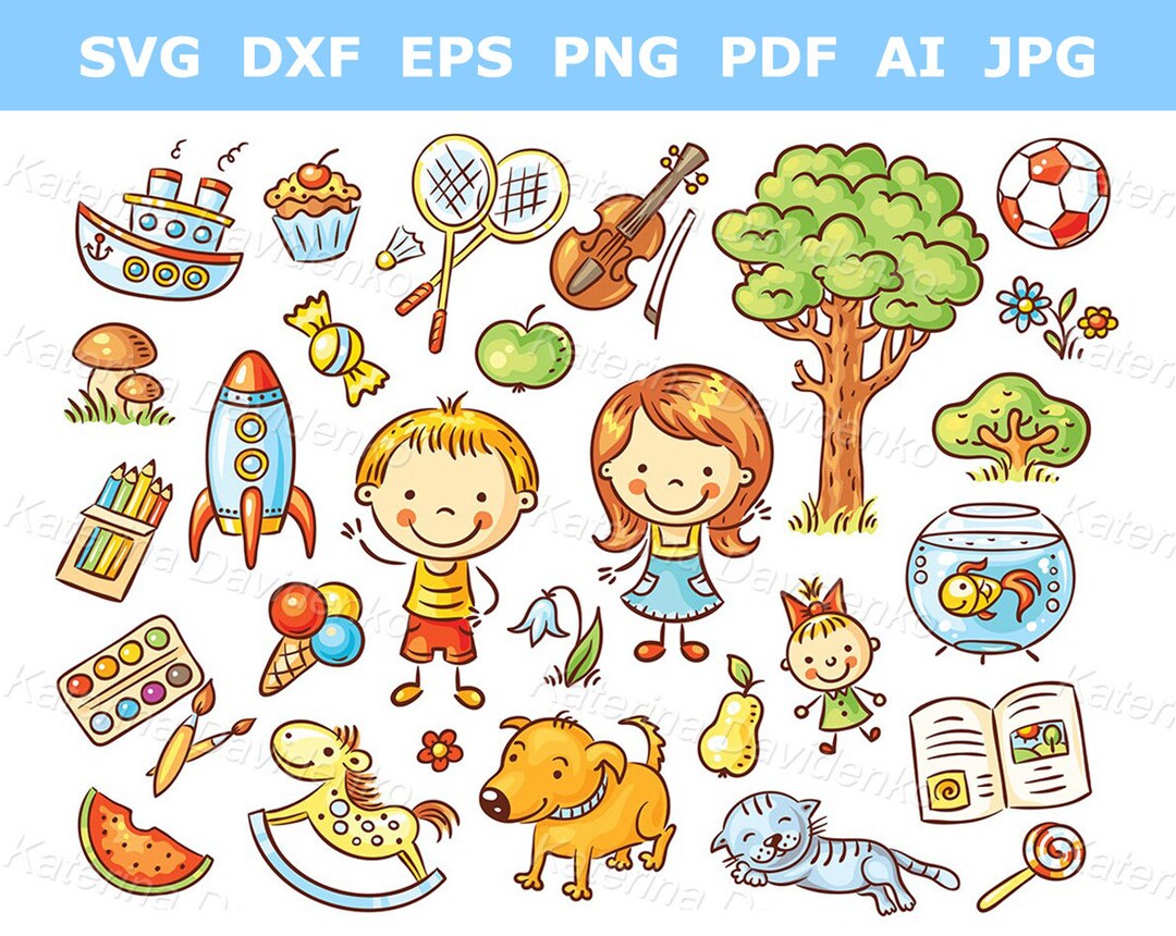 Cartoon Kids Clipart Set. Doodle Children and Ship, Rocket, Pet, Tree ...