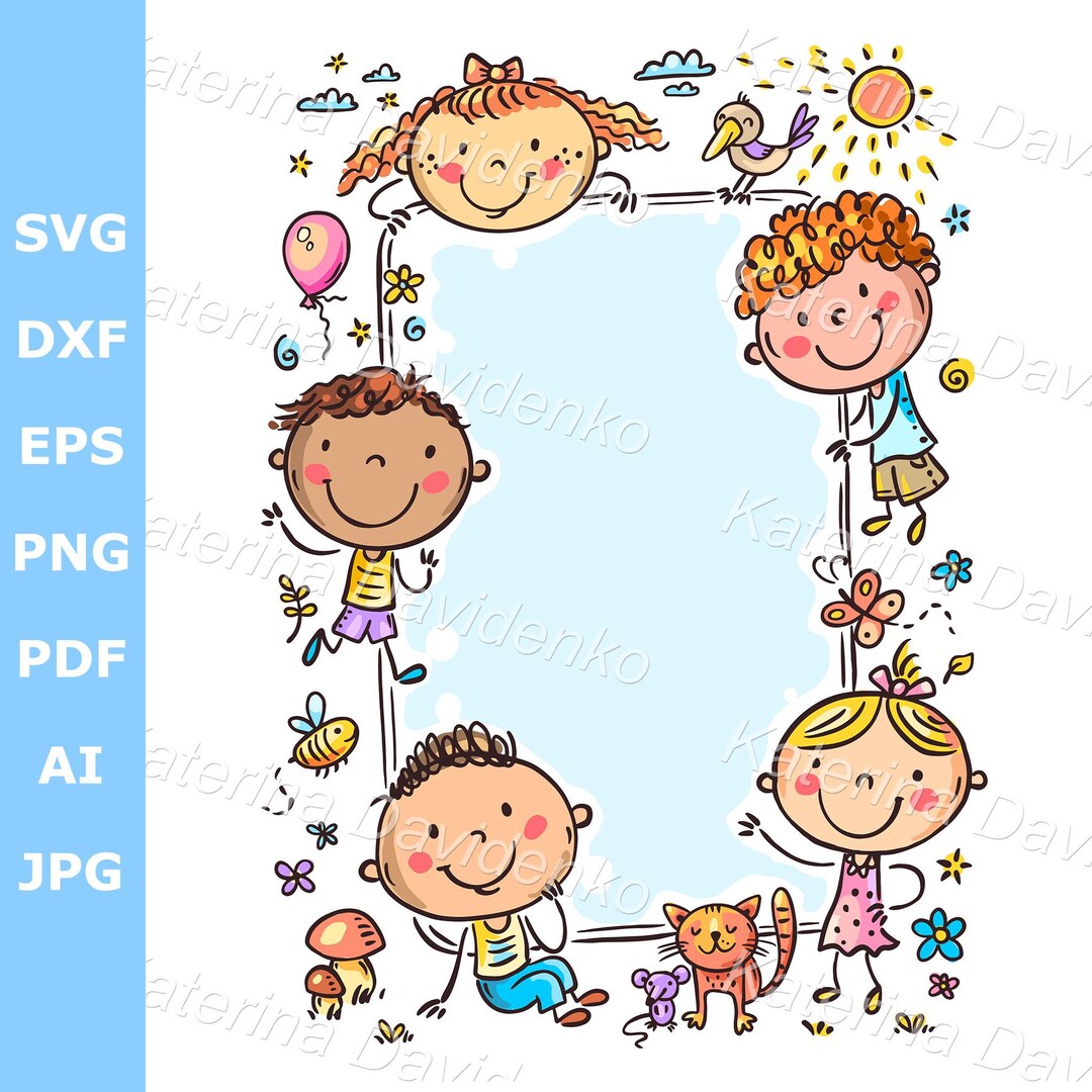 Happy Cartoon Kids Vertical Frame Clipart, Doodle Kids Clipart. Hand ...