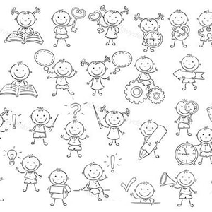 Doodle Cartoon Kids Holding Different Objects Clipart Set. Children ...