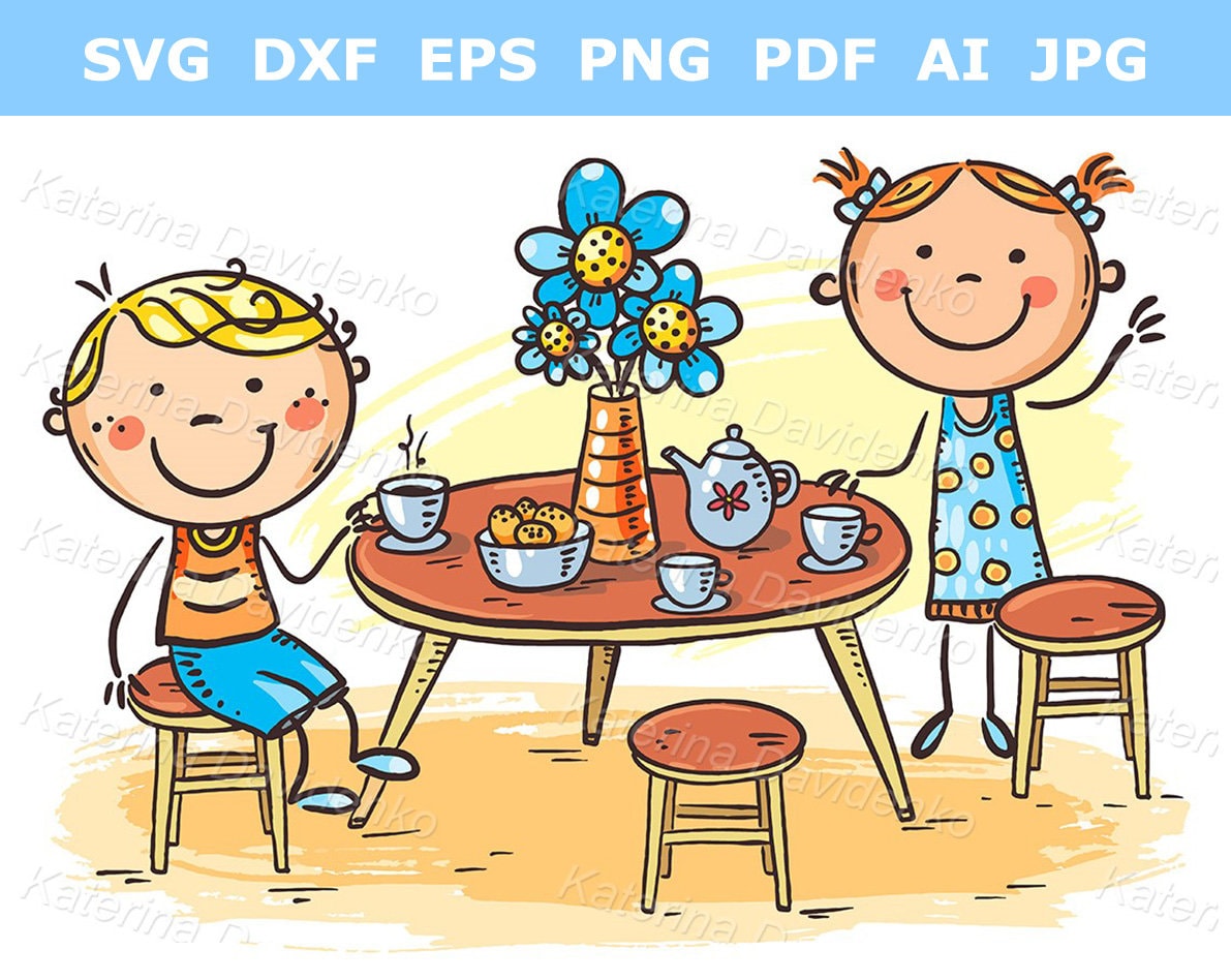 Doodle Cartoon Kids Clipart Boy and Girl Drinking Tea Kids - Etsy Canada