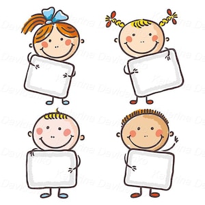 Doodle Cartoon Kids With Blank Signs. Stick Figure. Children Holding ...