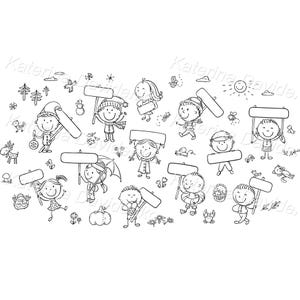 Weather and Seasons Clipart. Set of Cartoon Kids Holding Signs With ...