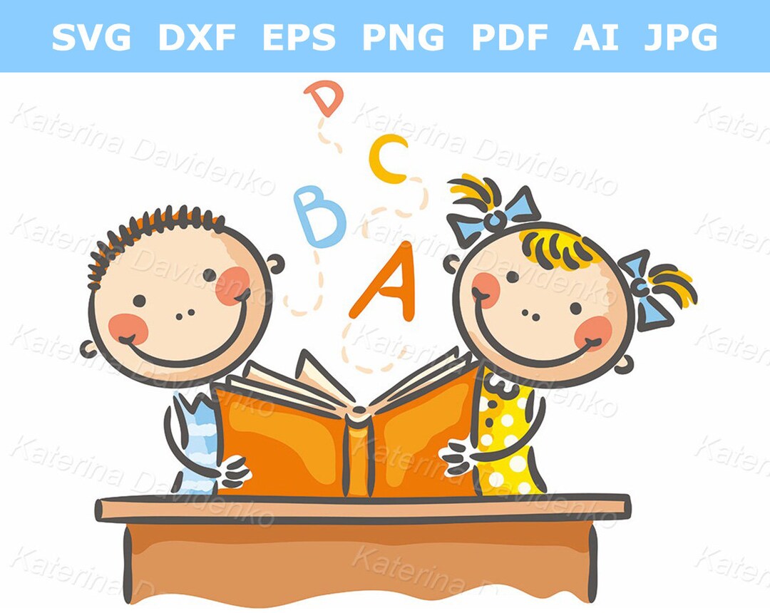 Happy Doodle Little School Kids Reading a Book. School Clipart. Cartoon ...