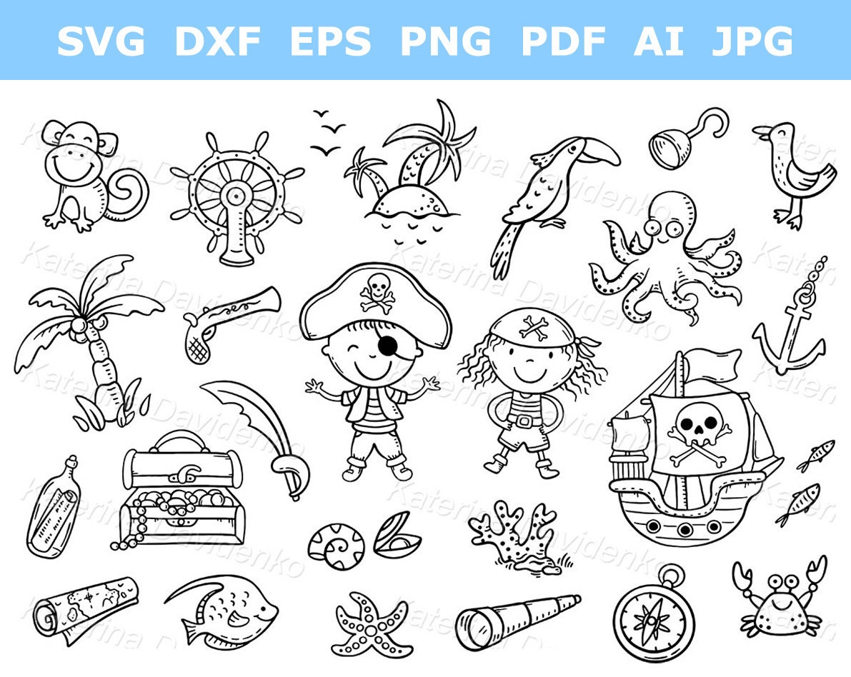 Child Illustration Pdf Svg for Kids Book - A Set of Pirate Cliparts ...