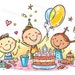 Happy Kids Birthday Party With a Big Cake Clipart. Children Vector ...