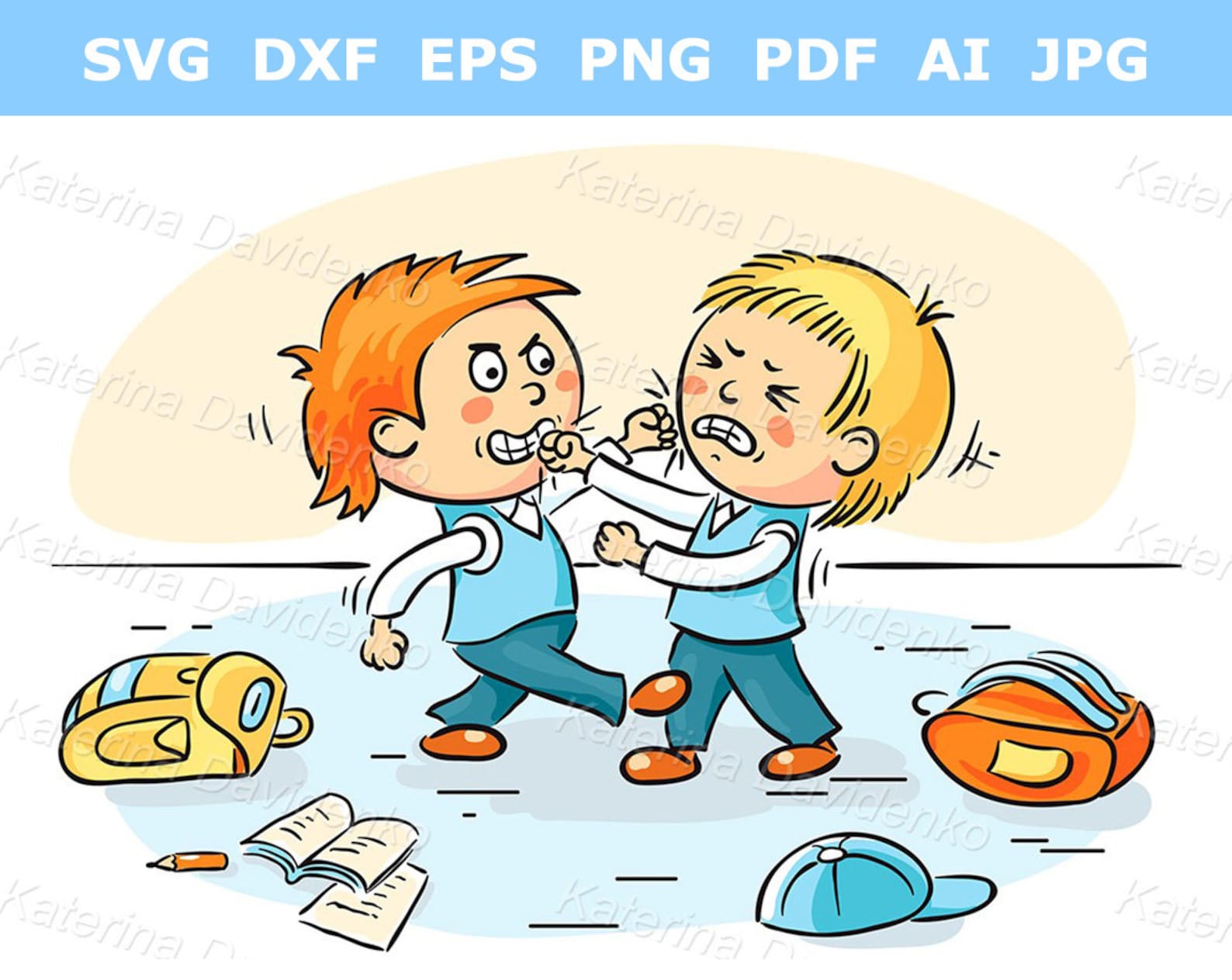 Two Cartoon Kids Are Fighting - Clipart School Children Quarrel Image ...
