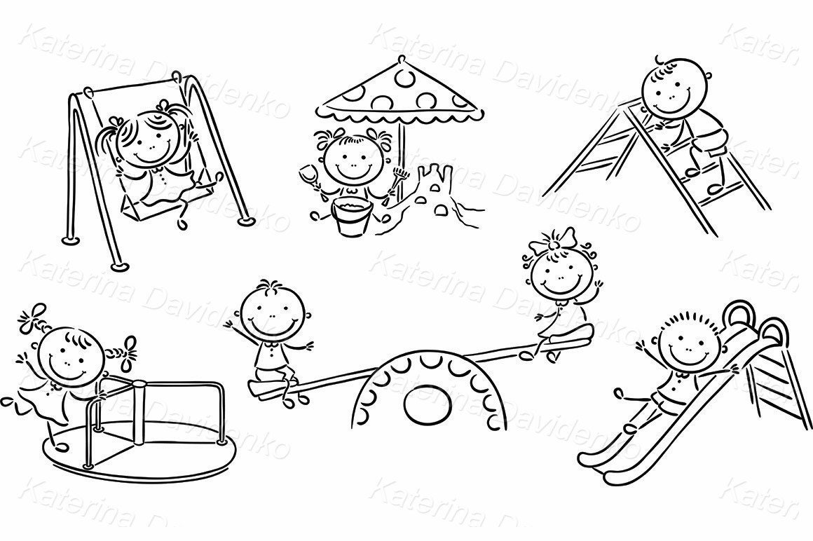 Kids Playing Outside Clip Art Black And White