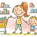 Family Shopping Clipart. Cartoon Doodle Mom and Son at Supermarket With ...